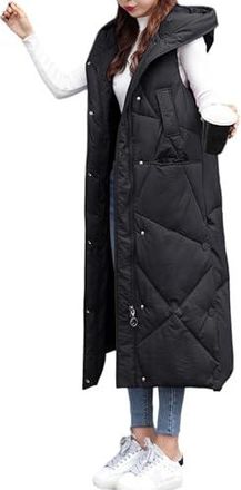 Generic Gilet long sans manches pour femme surdimensionn&eacute; sans manches &agrave; capuche avec fermeture &eacute;clair et boutons-pression, Noir, XL
