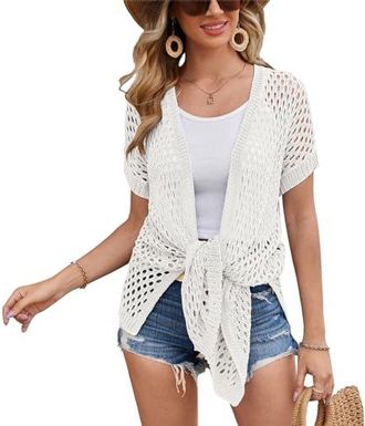 Grace Karin Cardigan long &agrave; manches courtes et col en V pour femme, blanc, XL