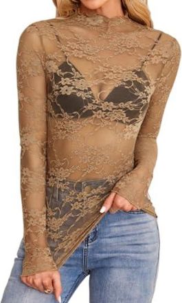 Generic Haut en dentelle pour femme, haut &agrave; manches longues en dentelle pour femme, haut transparent &agrave; manches longues en maille pour femme, kaki, XXL