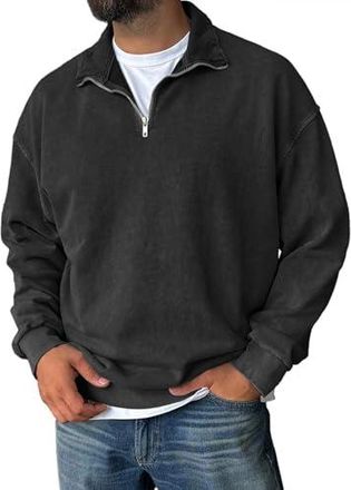 Generic Sweat-shirt l&eacute;ger uni pour homme 2026 - Demi-fermeture &eacute;clair - Manches longues avec col montant ray&eacute; - Coupe ample - Sans capuche - Pour entra&icirc;nement