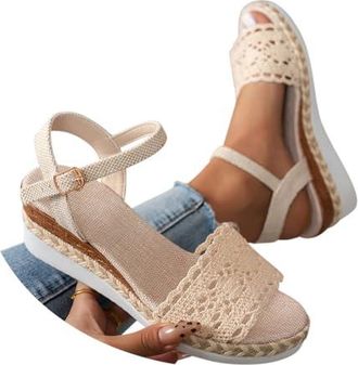 Minetom Sandales Compensées pour Femme Elégant Été Confortable Dentelle Plage Chaussure avec Talon Plateforme A Beige 2 42 EU