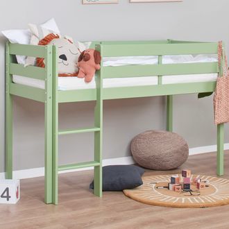 HOPPEKIDS ECO Comfort Hochbett | 70x160 mit Lattenrost und Kaltschaummatratze | Blasses Grün | Das Nordische Umweltzeichen | TÜV-Zertifiziert | FSC-zertifiziert