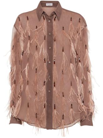 Brunello Cucinelli chemise &agrave; d&eacute;tails de plumes - Marron