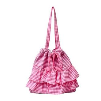 Generic Sac fourre-tout en coton &agrave; carreaux pour femmes, sac &agrave; bandouli&egrave;re avec bordure en dentelle, sac &agrave; cordon &agrave; volants (rose)