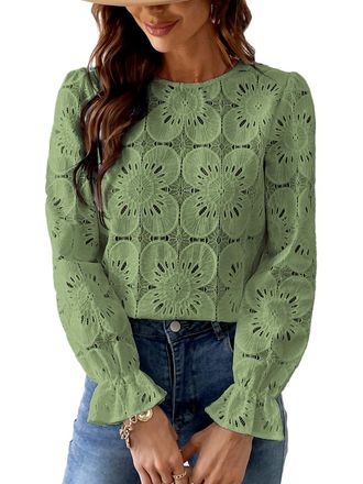 Cupshe Damen Bluse Blumen Cutout Rundhalsausschnitt Langarm Rüschen Oberteile Casual Shirt Elegant Hemd Tops, Olivgrün, XS