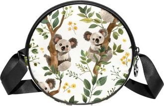 Generic Sac &agrave; bandouli&egrave;re rond pour femme, motif feuilles de koalas, petit sac &agrave; bandouli&egrave;re avec fermeture &eacute;clair, bretelles r&eacute;glables, sac &agrave; main rond d&eacute;con