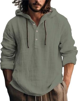 Generic Hommes Chemises en Lin Solid Henley Shirts Casual Manches Longues été Mao Chemise de Plage Classique à Capuche Haut boutonnée Hoodie Drawstring Cotton