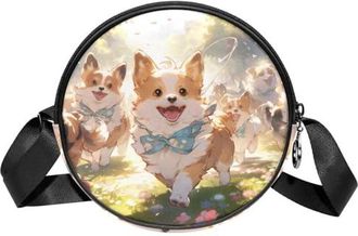 Generic Petit sac &agrave; bandouli&egrave;re Circle pour femme, petit sac &agrave; bandouli&egrave;re Corgi avec fermeture &eacute;clair, bretelles r&eacute;glables, sac &agrave; main rond d&eacute;contract&eacute; pour 