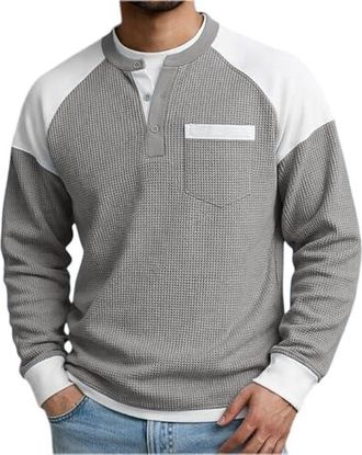 Generic T-shirts gaufr&eacute;s pour homme avec demi-boutons Henry - Manches longues - Col en V - Grande taille - Doux et respirant - Costume de sport pour cadeaux q