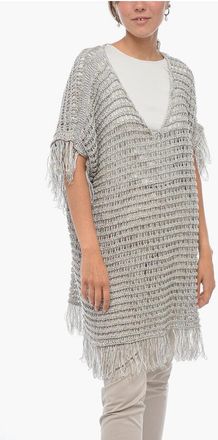 Fabiana Filippi Short-sleeved Flax Blend Crochet Sweater with Fringes size M