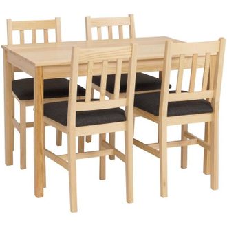 Hhg [NEUWERTIG] Esszimmer-Set HHG-619, Sitzgruppe Esszimmergruppe, Massiv-Holz Kiefer Stoff Landhaus 110cm natur Polster schwarz