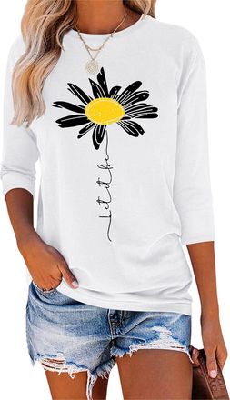 TOMWELL T-Shirt Damen 3/4 Arm Shirt Rundhals Grafik Druck Tshirt Sommer Leichte Pullover Oberteile A Wei&szlig; L
