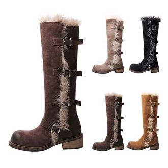 Generic Bottes montantes doubl&eacute;es de polaire pour femme, enti&egrave;rement doubl&eacute;es de fourrure, talon bas et &eacute;pais, bout rond, en similicuir su&eacute;d&eacute;, bottines &agrave; enfi