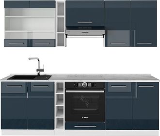 Vicco Küchenzeile Fame-Line, Dunkelblau Hochglanz/Weiß, 235 cm ohne Arbeitsplatte