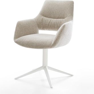 DELIFE Drehstuhl Yago-Flex mit Armlehnen Webstoff Soft Beige Fu&szlig;kreuz Wei&szlig; 360&deg; drehbar Wippfunktion Taschenfederkern, Esszimmerst&uuml;hle