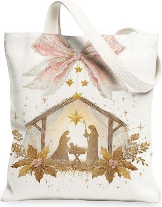 Generic Sacs fourre-tout en toile motif cr&egrave;che de No&euml;l - Design vintage &eacute;l&eacute;gant - R&eacute;utilisables - L&eacute;gers et lavables, blanc, 13x15 Inch