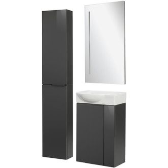 Fackelmann sbc luna G&auml;ste wc Set 4-teilig 45 cm, Anthrazit, Keramik rechts, Spiegel+Hochschrank slim-90277145