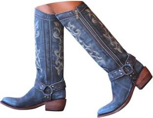 Generic Bottes de cowboy extra larges brod&eacute;es mi-mollet pour femme - Bottes de cowgirl &agrave; talon bas - Bottes western en cuir - Confortables - Talon &eacute;pais - Bou