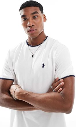 Polo Ralph Lauren Pikee-T-Shirt in Wei&szlig; mit Markenlogo, Zierstreifen und klassischem Oversize-Schnitt