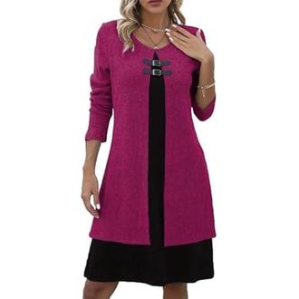 Generic Robe &eacute;vas&eacute;e en tricot c&ocirc;tel&eacute; &agrave; manches longues avec double boucle pour femme - Robe d&eacute;contract&eacute;e &agrave; superpositions pour printemps et automne, rose roug