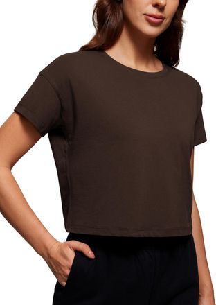 CRZ YOGA Damen Kurzarm Sport Tshirt Loose Baumwolle Fitness Crop Top Sommer Gym Workout Cropped Oberteile Heißes Fudge-Brown 40