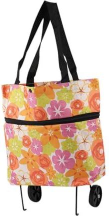 NUOBESTY Paquet de Rangement M&eacute;nager Pliable &agrave; Roulettes Chariot de Courses Portable en Tissu Oxford Blanc &agrave; Motifs Floraux L&eacute;ger et Robuste pour Supermarch&eacute; e