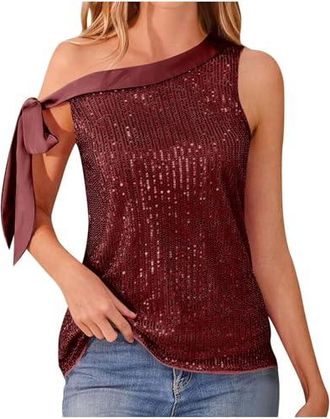 Generic Haut &agrave; paillettes pour femme - Chemisier &agrave; paillettes scintillantes - &Eacute;paules d&eacute;nud&eacute;es - Tunique brillante pour f&ecirc;te, bo&icirc;te de nuit - T-shirt &eacute;l&eacute;gant 