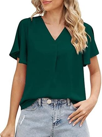QUINTRA Blouse en mousseline de soie à manches courtes pour femme, vert, Large