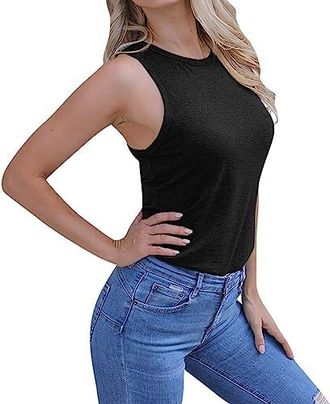 Generic D&eacute;bardeur tendance &agrave; col rond pour femme, chemisier d&eacute;t&eacute; ample sans manches, couleur unie, coupe ample, d&eacute;bardeurs basiques tendance pour le printemps