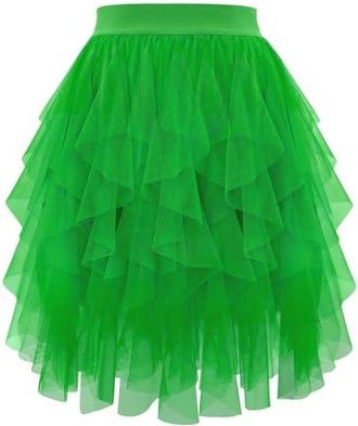 Generic Jupe midi pour femme, jupe trap&egrave;ze, jupe superpos&eacute;e en maille, taille haute &eacute;lastique, jupes dHalloween en cuir synth&eacute;tique, vert, XL