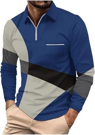 Generic Polo &agrave; manches longues pour homme avec fermeture &eacute;clair et poche zipp&eacute;e, Polo bleu &agrave; manches longues pour hommes, XXL