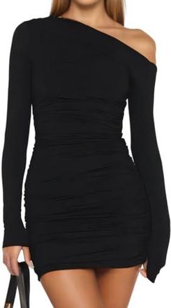 Onsoyours Robe Femme Sexy Profonde Col en V Wrap Mini Robes de Soiree Manches Longues Bodycon Robe Chic Et &Eacute;l&eacute;gante B Noir XL