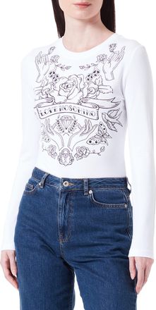 Love Moschino Damen Tight-Fitting Long Sleeves with Rose and Hands Print with Transparent Rhinestones T Shirt, Optical White, 38 EU