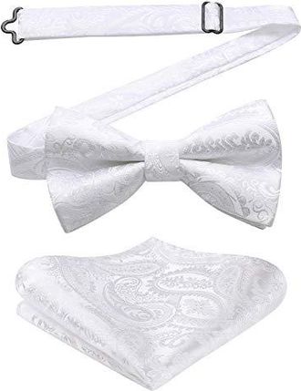 Hisdern Noeuds Papillon Blanc Homme et Mouchoir avec Crochet déjà lié et Réglable Noeud Papillon à Motif Cachemire Carré de Poche Ensemble
