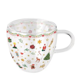 Ambiente Teetasse Tasse f&uuml;r Heissgetr&auml;nke Botosilikatglas doppelwandig 0,2L Serie ornaments all over red Weihnachtssymbole kleine Weihnachten Motive
