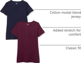 Amazon Essentials Damen Kurz&auml;rmliges Regular-Fit-T-Shirt (Varianten mit Rundhalsausschnitt und V-Ausschnitt), Pack of 2, Burgunderrot/Marineblau, XXL