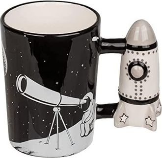 Out of the Blue KG Astronautes Tasse avec poignée fusée, tasse spatiale, noir/blanc, en céramique, dans un emballage cadeau