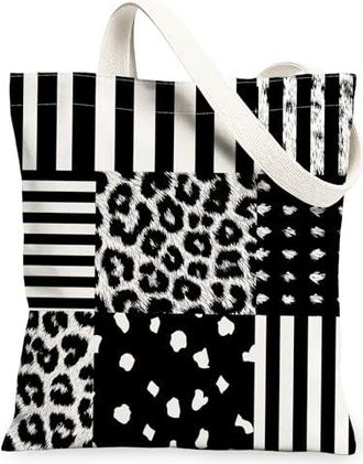 Generic Sacs fourre-tout en toile noire et blanche, motif animal, sacs d&eacute;picerie r&eacute;utilisables, &eacute;l&eacute;gants, l&eacute;gers et lavables en toile pour Tr, noir/blanc, 13x