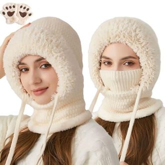 Generic Bonnet 3 en 1 pour femme, cagoule dhiver chaude en tricot avec couvre-visage, doublure en polaire, beige, Taille unique