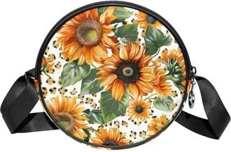 Generic Petit sac &agrave; bandouli&egrave;re rond pour femme, motif tournesol avec fermeture &eacute;clair, bretelles r&eacute;glables, style d&eacute;contract&eacute;, pour femmes et filles