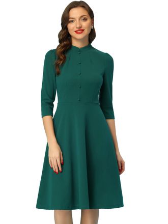 Allegra K Etuikleider f&uuml;r Damen St. Patricks Day 3/4 &Auml;rmel Stehkragen Elegant Business A-Linie Kleid, dunkelgr&uuml;n, 42
