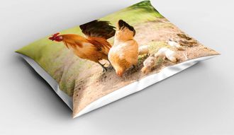 Abakuhaus Henne und Küken Kissenbezug, Huhn-Familien-Foto, Dekorativer Standard King Size Gedruckter Kissenbezug, 80 x 40 cm, Kamel Grün