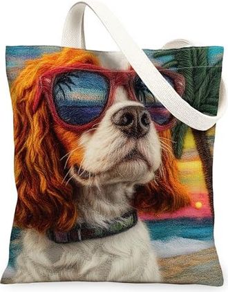 Generic Sac fourre-tout en toile motif &eacute;pagneul printanier d&eacute;t&eacute; pour faire du shopping, 33 x 38,1 cm, sac r&eacute;utilisable &agrave; motif imprim&eacute; de chiot c&ocirc;tier pour fe