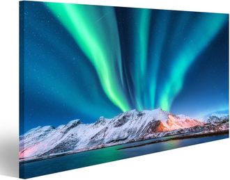 Islandburner Bild Bilder auf Leinwand Nordlicht. Lofoten Inseln, Norwegen. Aurora.Grüne Nordlichter. Sternenhimmel mit Polarlichtern. Nach Wandbild, Poster, Leinwa