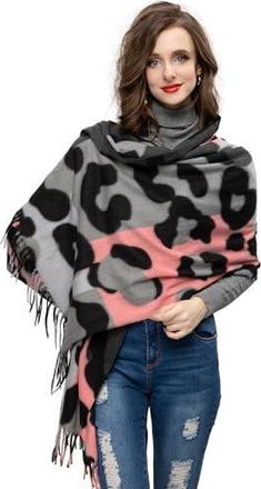 Glamexx24 Écharpe XXL pour femme - Motif léopard chaud et douillet - 3 franges colorées - Poncho - Écharpe surdimensionnée, rose, gris, noir, taille unique