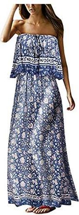 Generic Robe d&eacute;t&eacute; 2026 boh&egrave;me pour femme, robe de plage sans bretelles, imprim&eacute; floral, boh&egrave;me, vacances, bleu clair, S