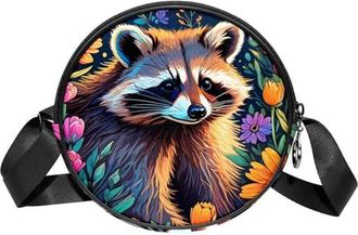 Generic Petit sac &agrave; bandouli&egrave;re circulaire pour femme, motif raton laveur avec fermeture &eacute;clair, bretelles r&eacute;glables, sac &agrave; main rond d&eacute;contract&eacute; pour femmes 