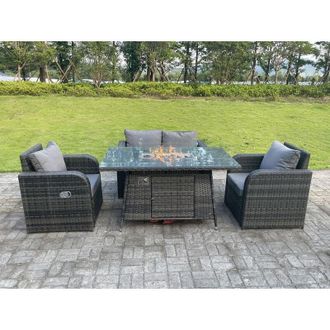 Fimous Dunkelgrau Gemischt Rattan Outdoor Gartenmöbel Gas Feuerstelle Brenner Tisch Sets Love Sofa Verstellbare Stühle 4 Sitzer - Fimous