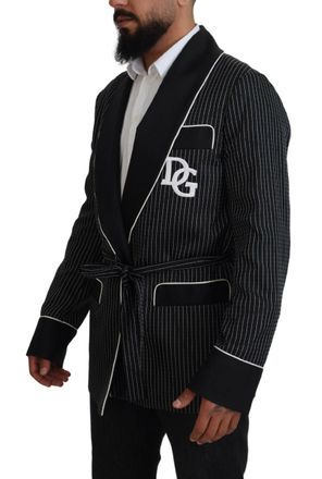 Dolce & Gabbana Black Robe Striped Dg Patch Jacket Men Blazer And White Polyester Silk Clothing