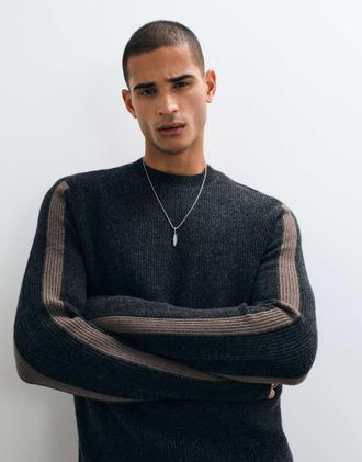 AllSaints Hawke pull en laine &agrave; manches ray&eacute;es gris anthracite
